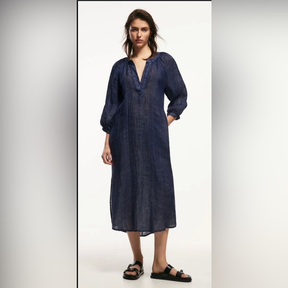 Zara | Dresses | Zara Ss22 Linen Tunic Dress Loose Fit Light Blue ...